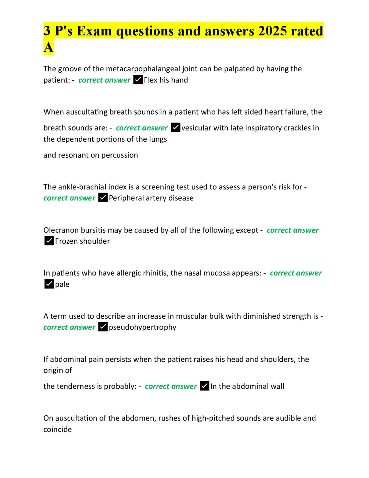 3 P's Exam questions and answers 2025 rated A. | Exams Nursing | Docsity