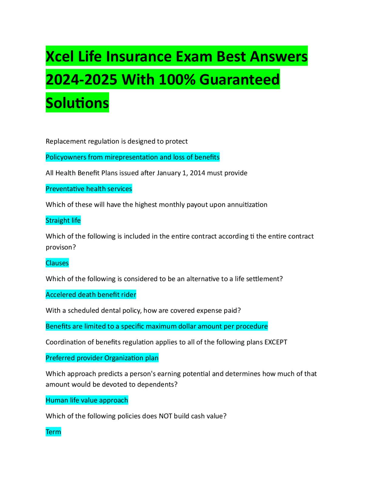 Xcel Life Insurance Exam Best Answers 2024-2025 With 100% Guaranteed ...