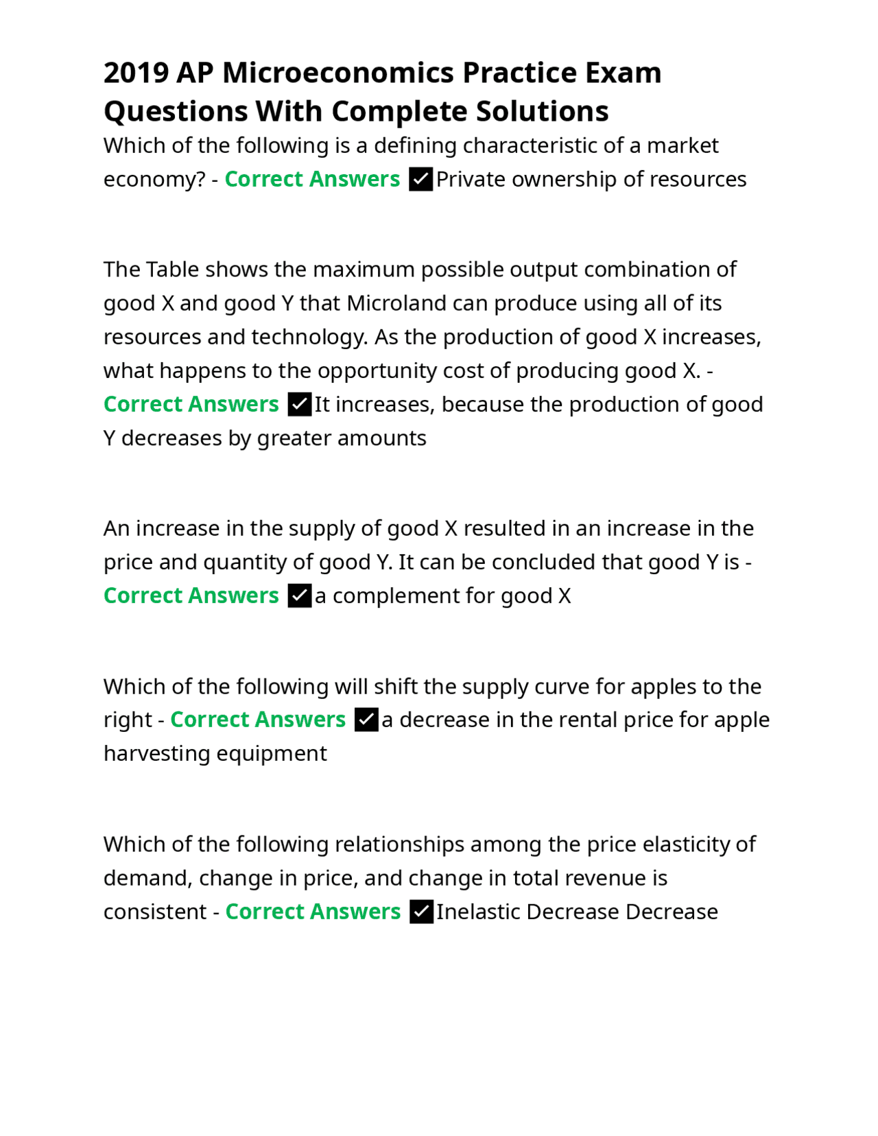2019 AP Microeconomics Practice Exam Questions With Complete Solutions ...