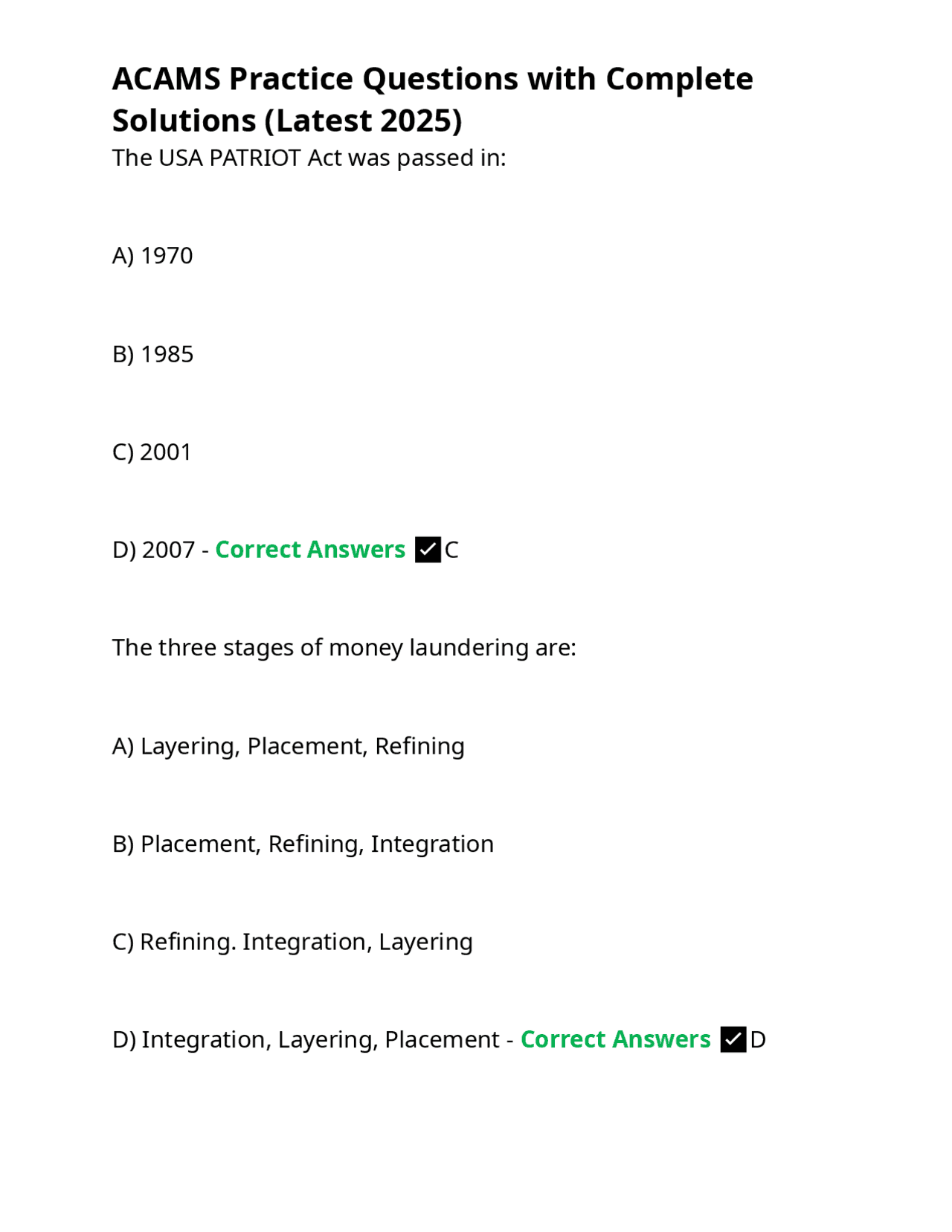 ACAMS Practice Questions with Complete Solutions (Latest 2025) | Exams ...