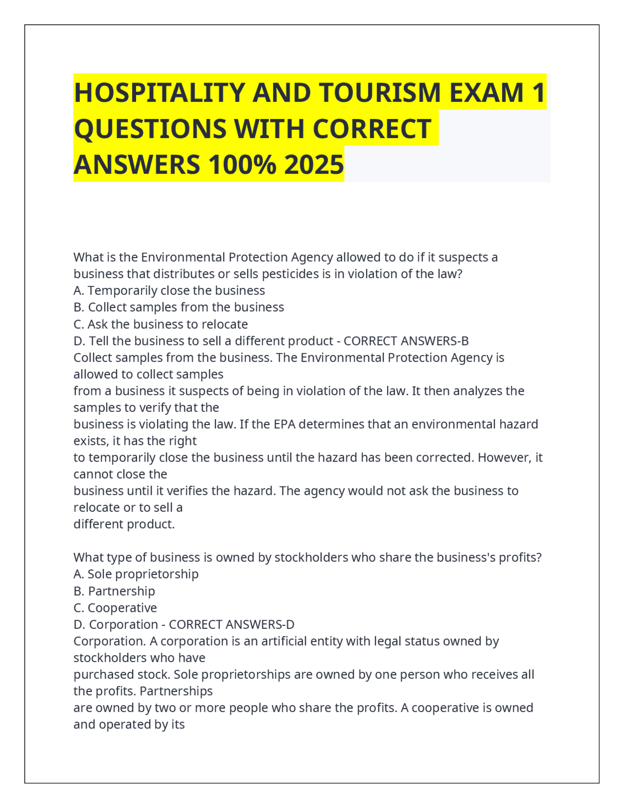 HOSPITALITY AND TOURISM EXAM 1 QUESTIONS WITH CORRECT ANSWERS 100% 2025 ...
