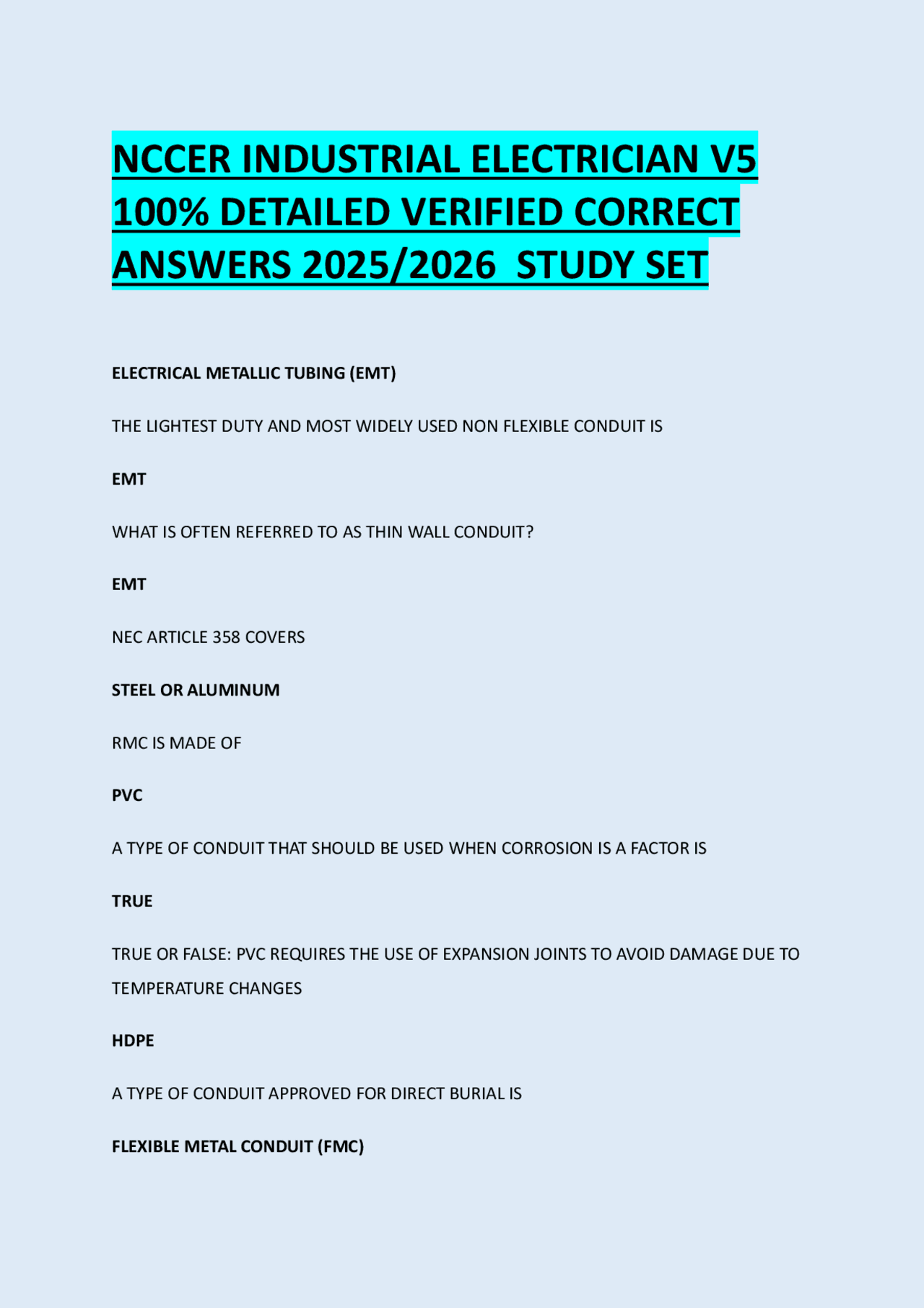 NCCER INDUSTRIAL ELECTRICIAN V5 100% DETAILED VERIFIED CORRECT ANSWERS ...