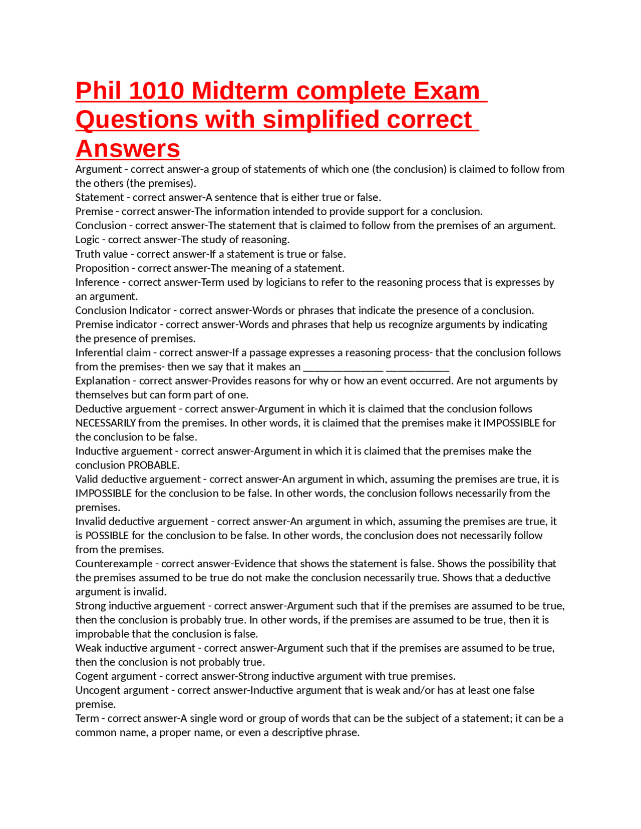Phil 1010 Midterm Exam Logic Concepts And Definitions Exams Philosophy Docsity