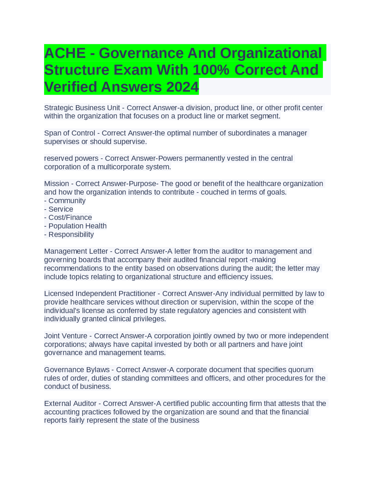 ACHE - Governance And Organizational Structure Exam With 100% Correct ...