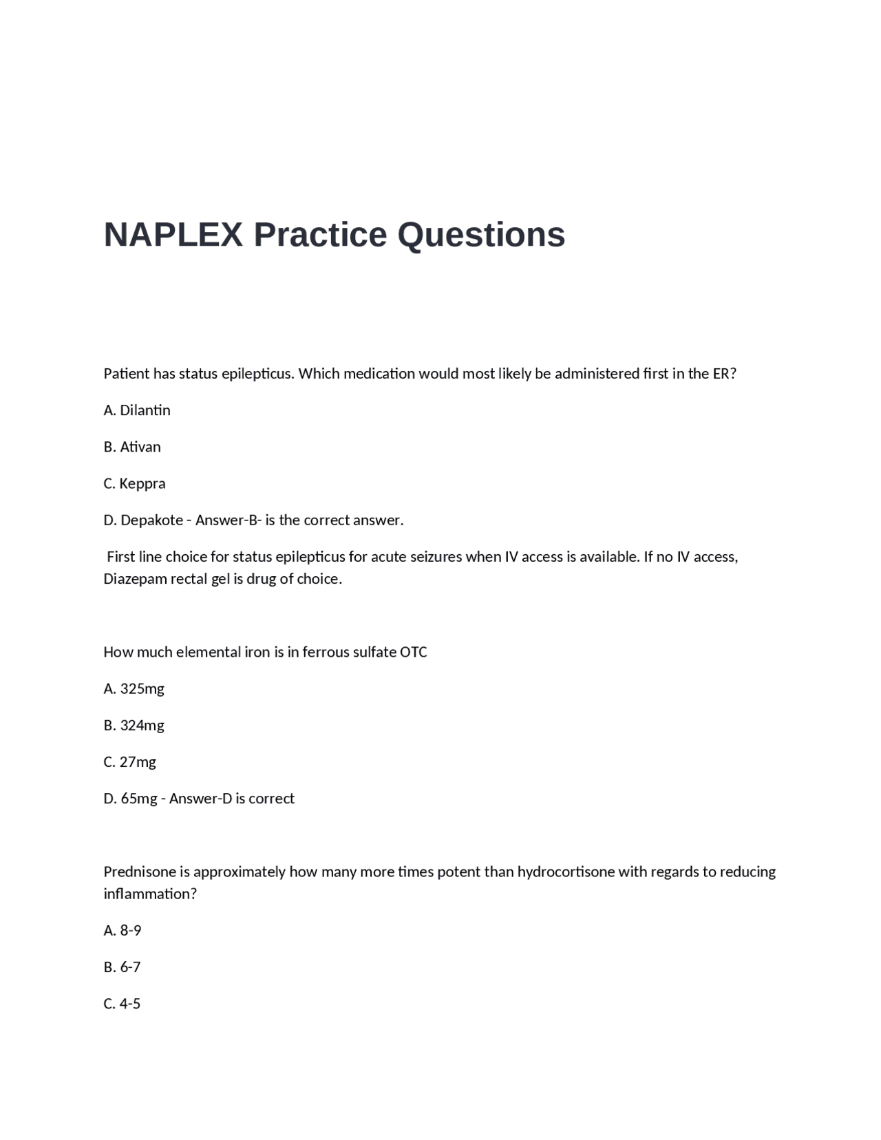 NAPLEX Exam Practice Questions with 100% Correct Answers | Exams ...