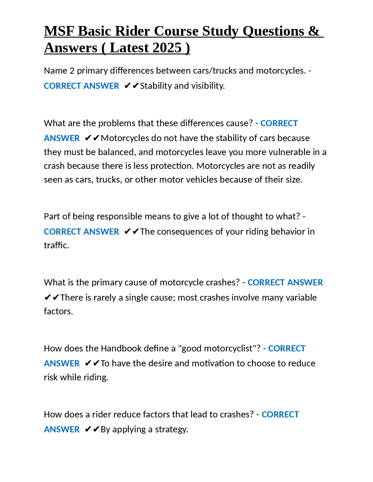 MSF Basic Rider Course Study Questions & Answers | Exams Nursing | Docsity