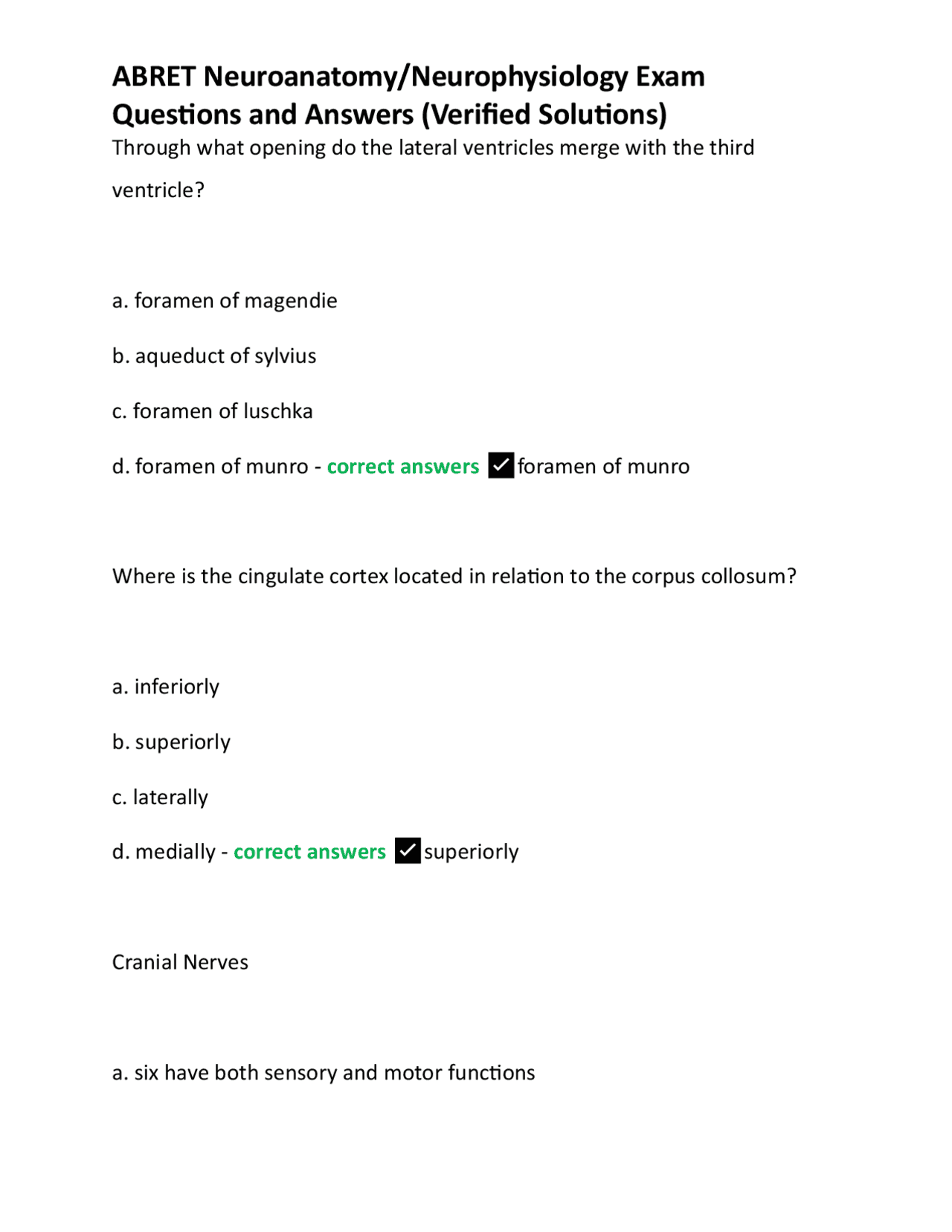 ABRET Neuroanatomy/Neurophysiology Exam Questions and Answers | Exams ...