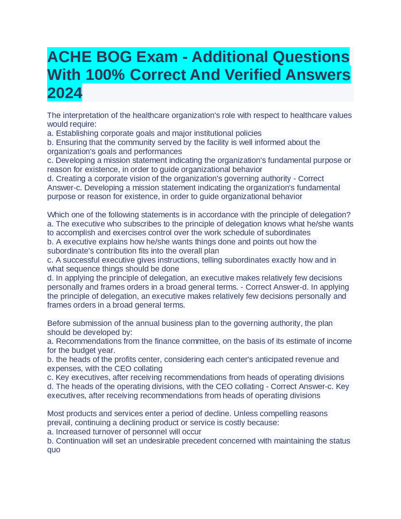 ACHE BOG Exam - Additional Questions With 100% Correct And Verified ...