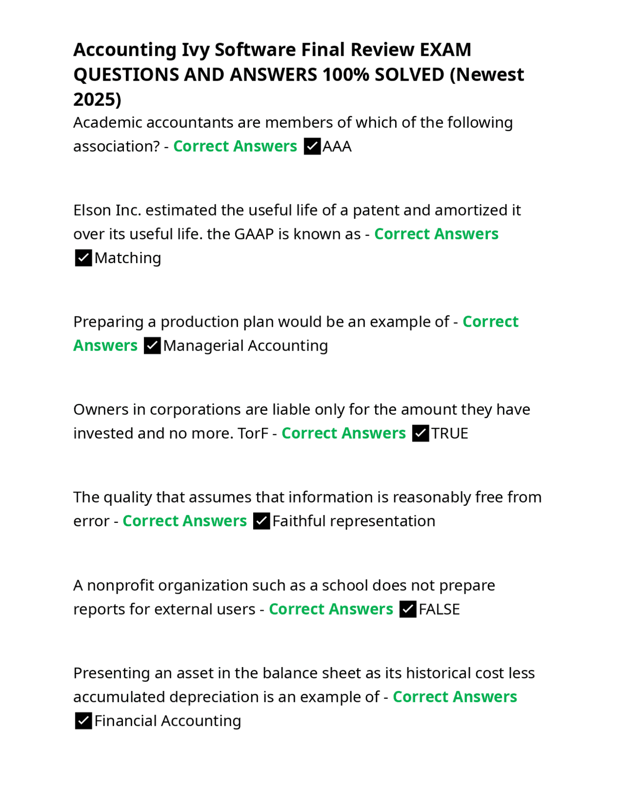 Accounting Ivy Software Final Review EXAM QUESTIONS AND ANSWERS 100% SOLVED (Newest 2025 ...