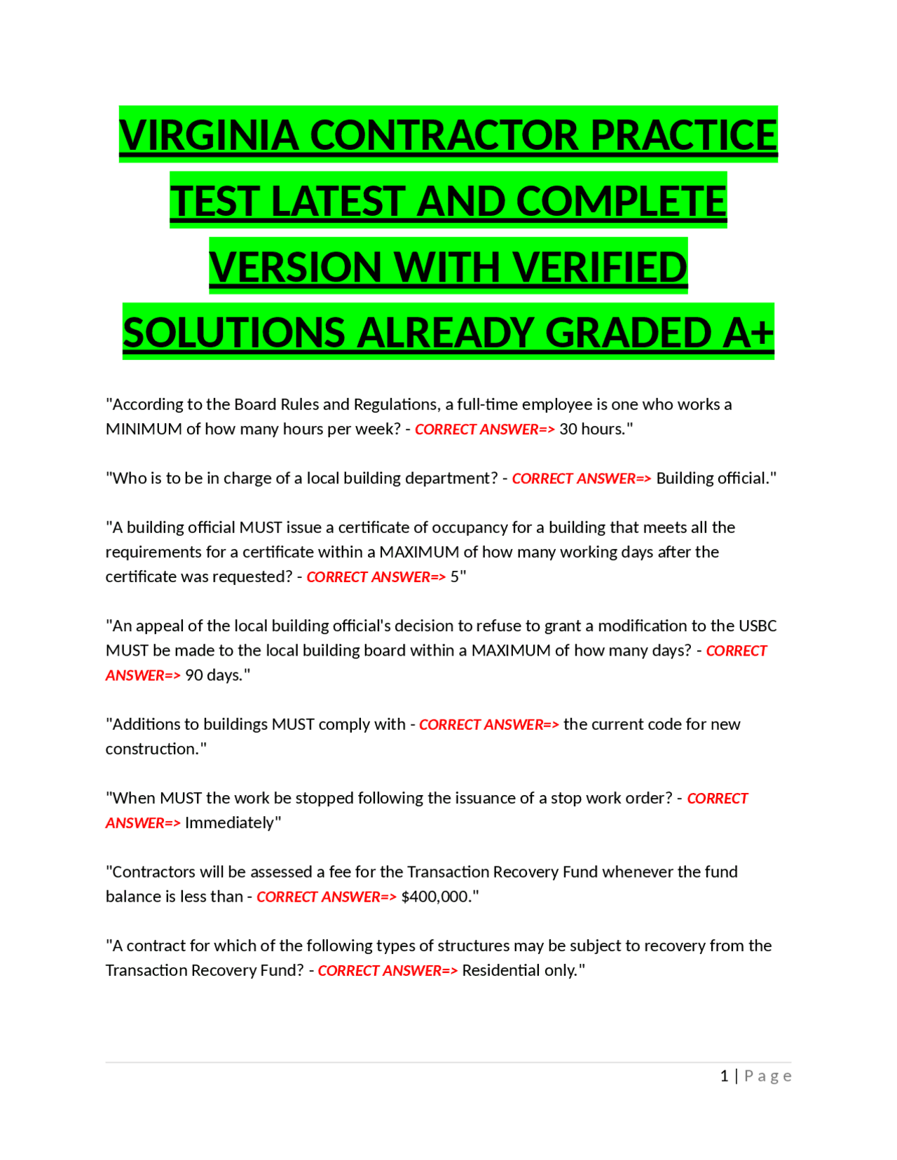 VIRGINIA CONTRACTOR PRACTICE TEST LATEST AND COMPLETE VERSION WITH ...