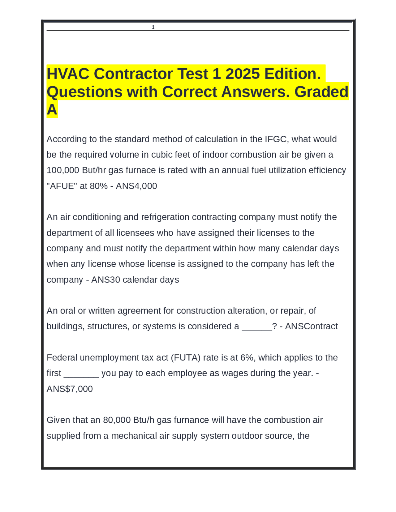 HVAC Contractor Test 1 2025 Edition. Questions with Correct Answers ...