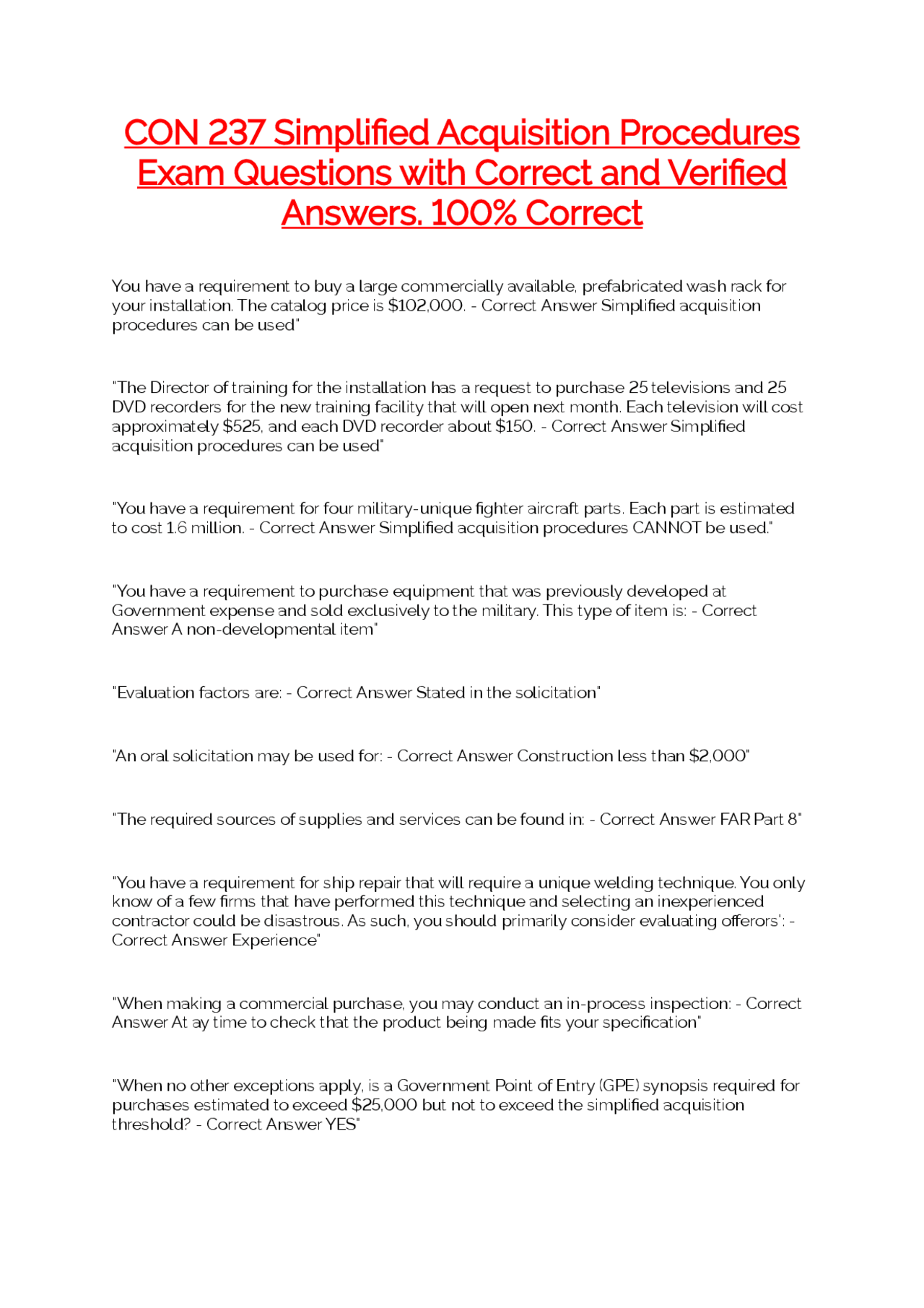 CON 237 Simplified Acquisition Procedures Exam Questions with Correct ...