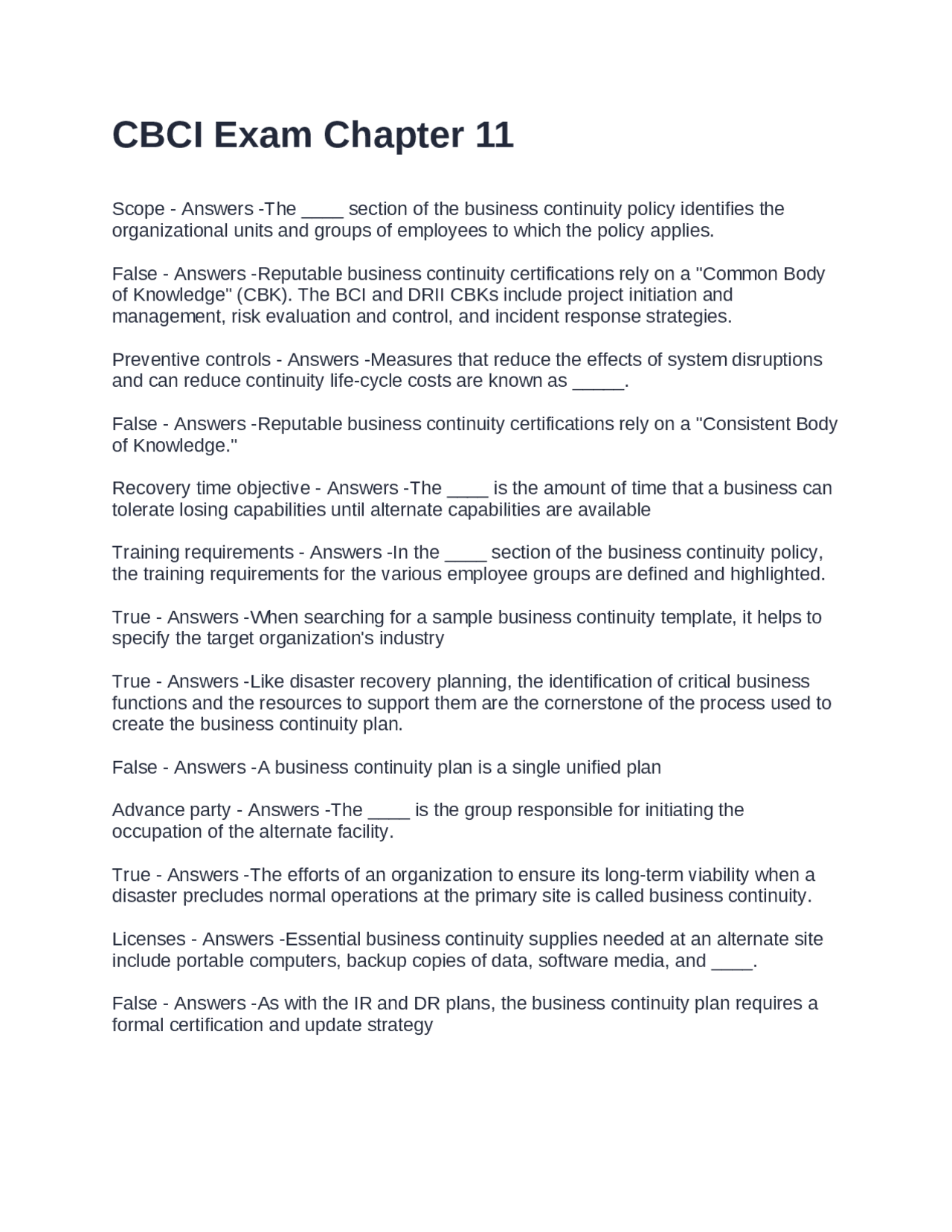 CBCI Exam Chapter 11 Questions and Correct Answers | Exams Business ...