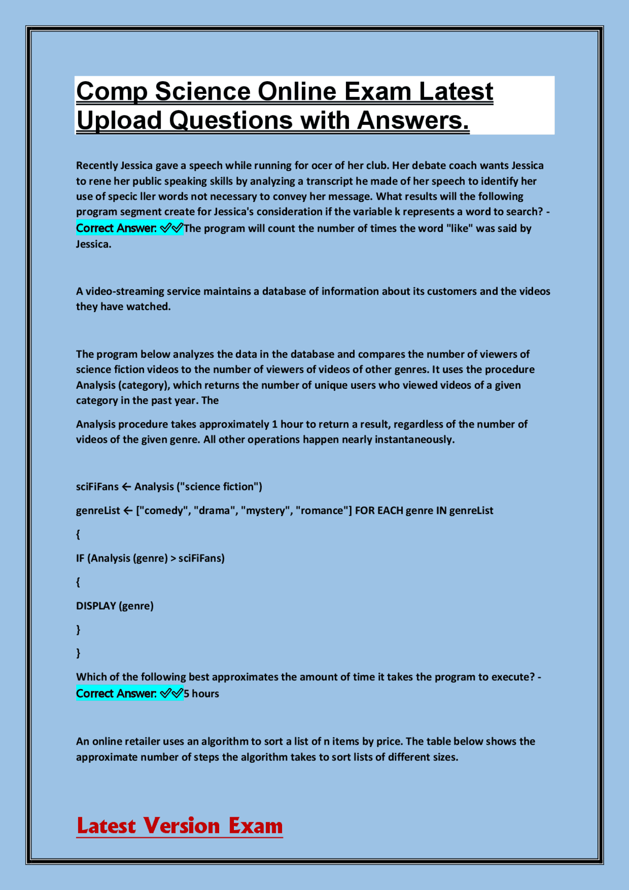 Comp Science Online Exam Latest Upload Questions With Answers Exams Computer Science Docsity