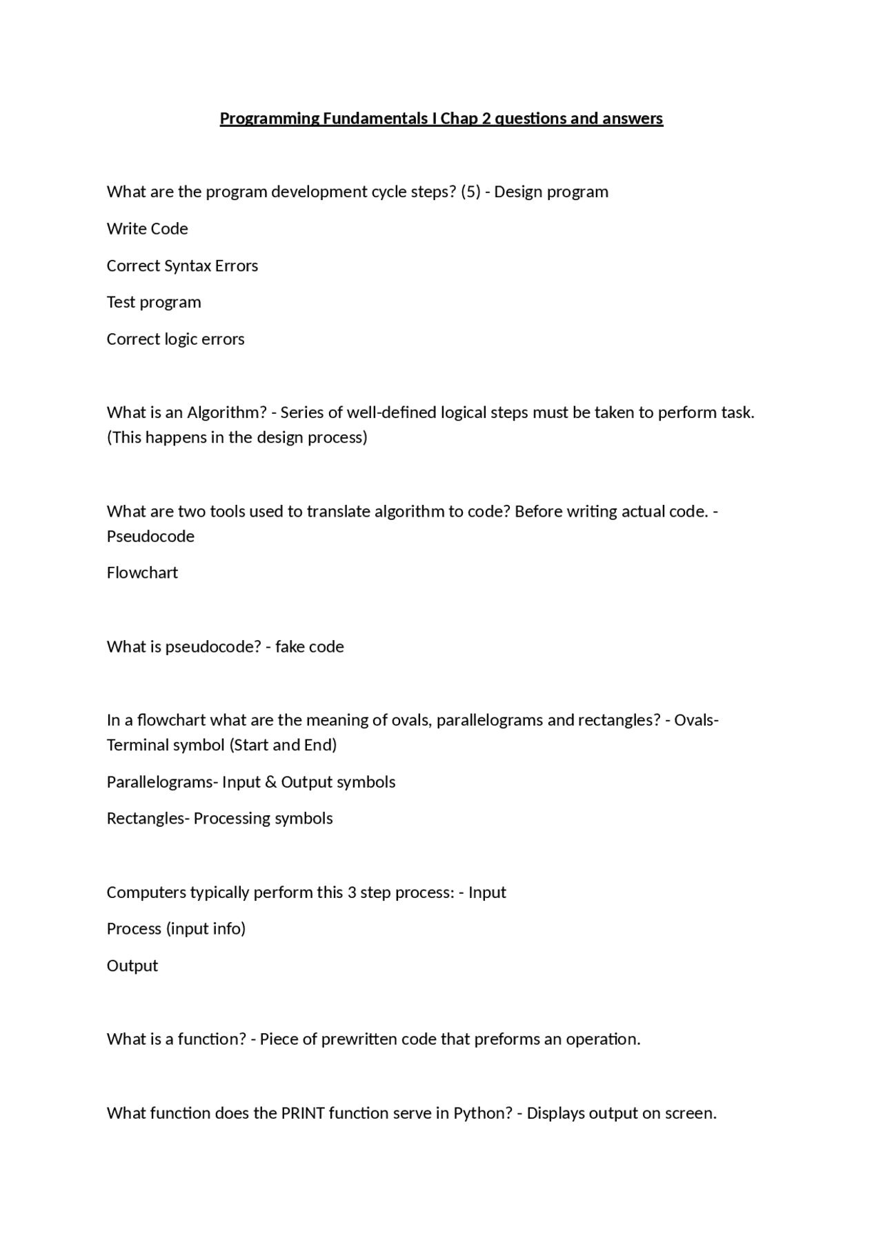 Programming Fundamentals I: Chapter 2 Questions and Answers | Exams Advanced Education | Docsity