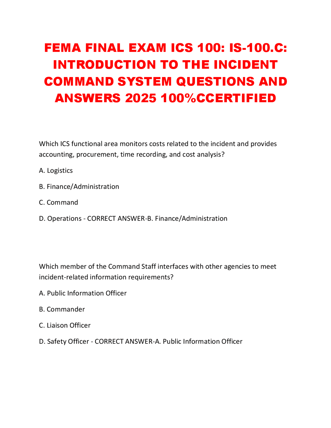 FEMA FINAL EXAM ICS 100: IS-100.C: INTRODUCTION TO THE INCIDENT COMMAND ...