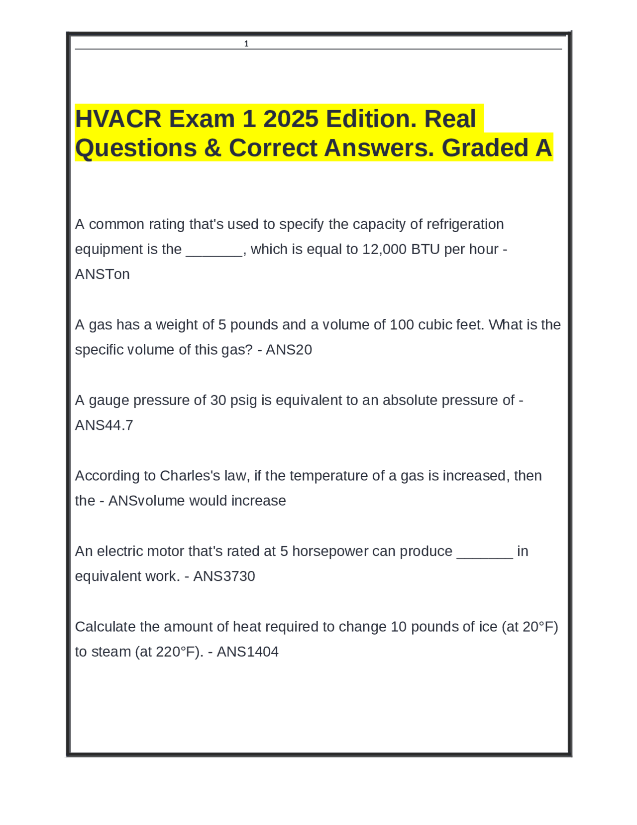 HVACR Exam 1 2025 Edition. Real Questions & Correct Answers. Graded A ...
