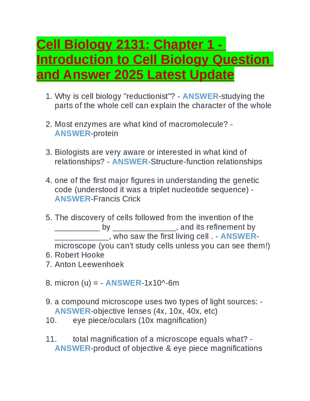 Cell Biology 2131: Chapter 1 - Introduction to Cell Biology Question ...