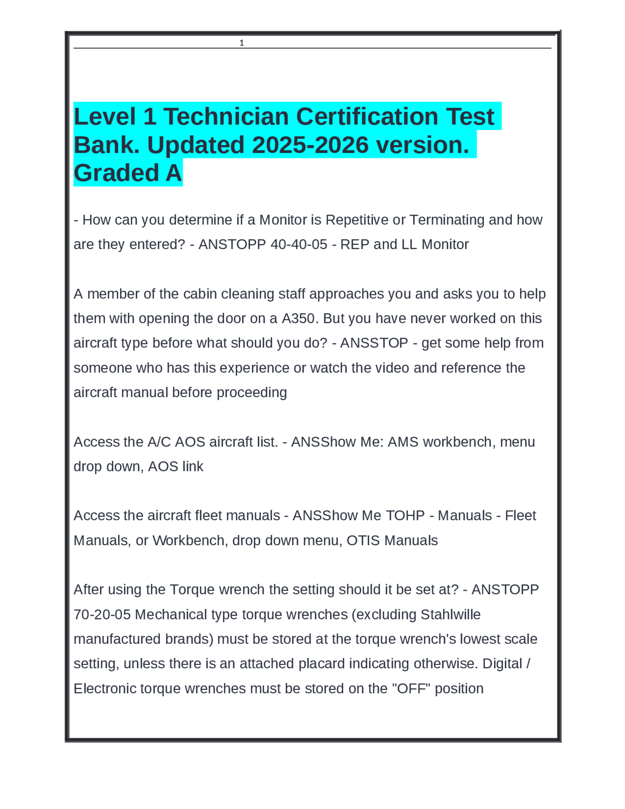 Level 1 Technician Certification Test Bank. Updated 2025-2026 version ...