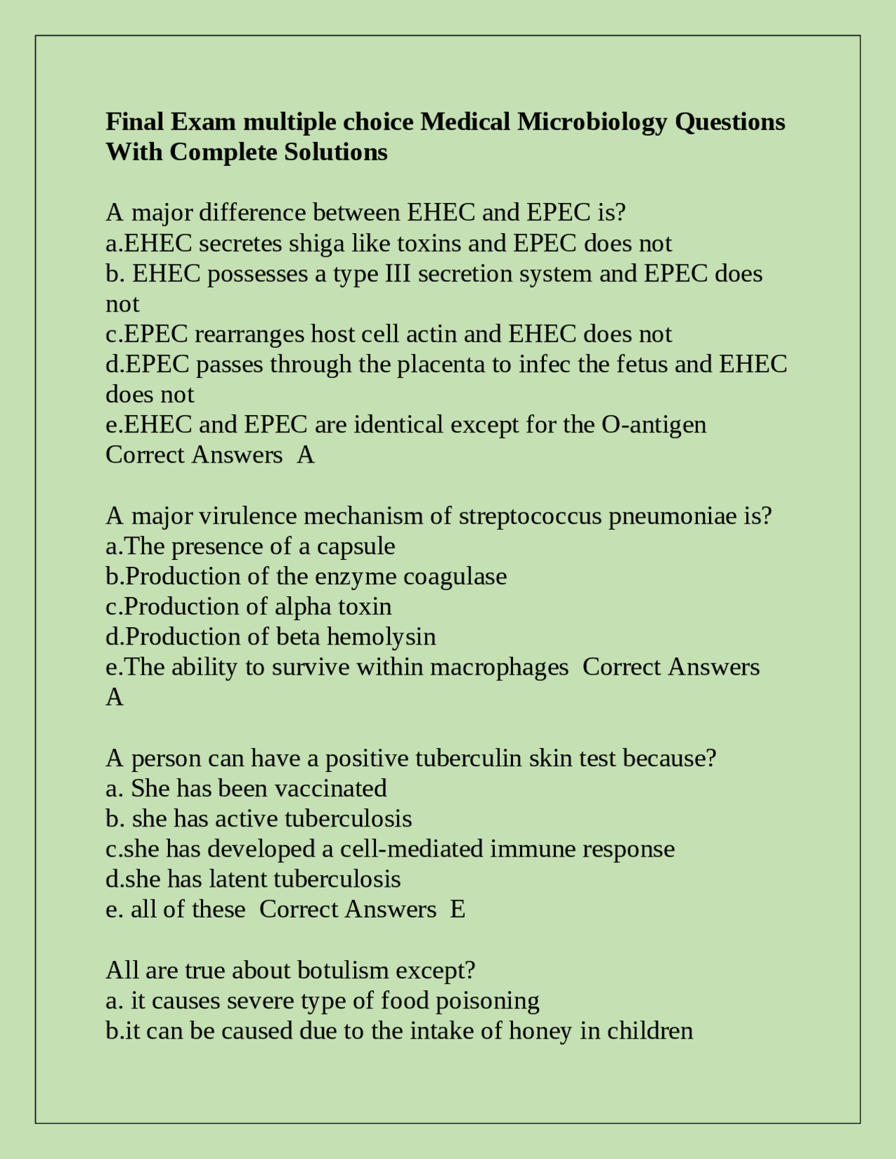 Final Exam multiple choice Medical Microbiology Questions With Complete ...