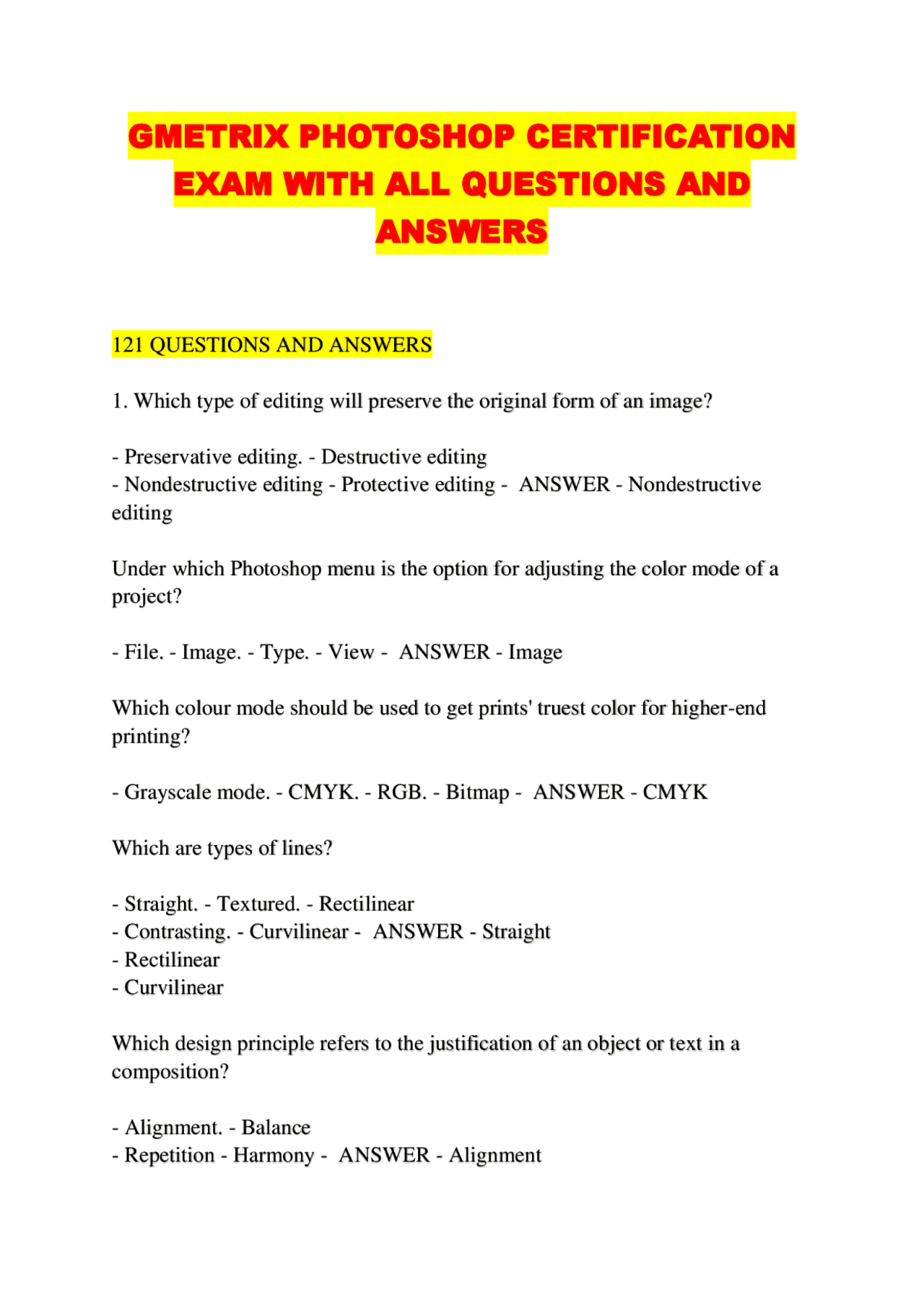 GMETRIX PHOTOSHOP CERTIFICATION EXAM WITH ALL QUESTIONS AND ANSWERS ...