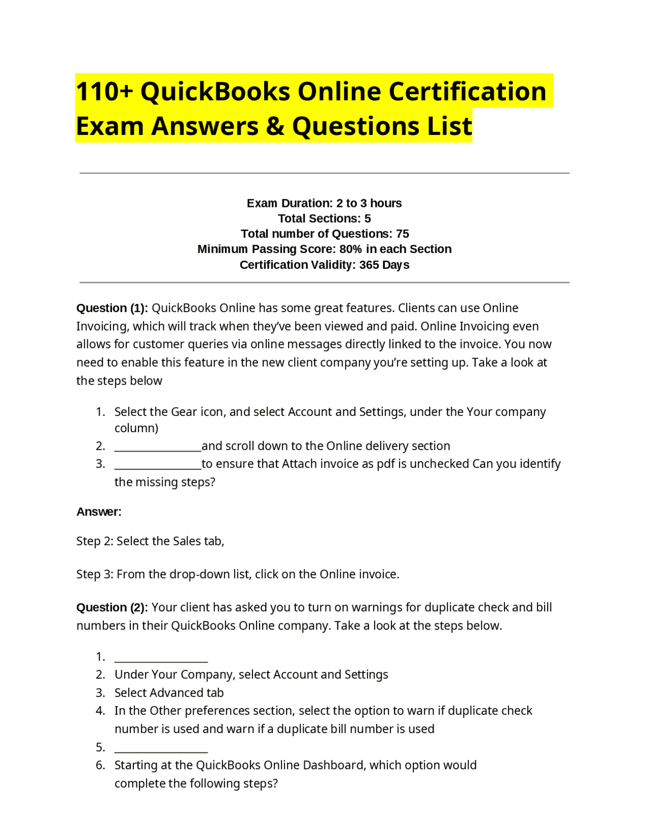 110+ QuickBooks Online Certification Exam Answers & Questions List ...