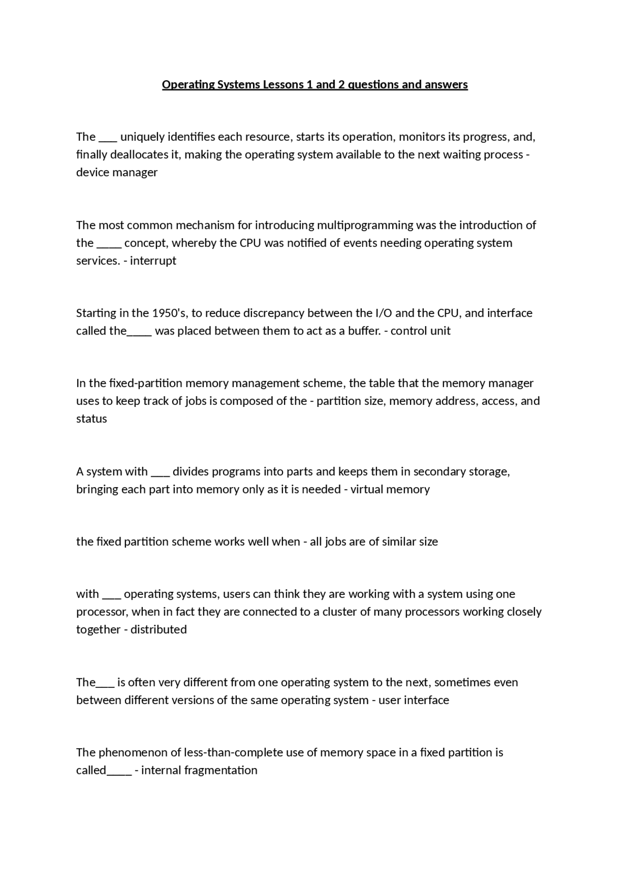 Operating Systems: Lessons 1 and 2 - Questions and Answers | Exams Advanced Education | Docsity