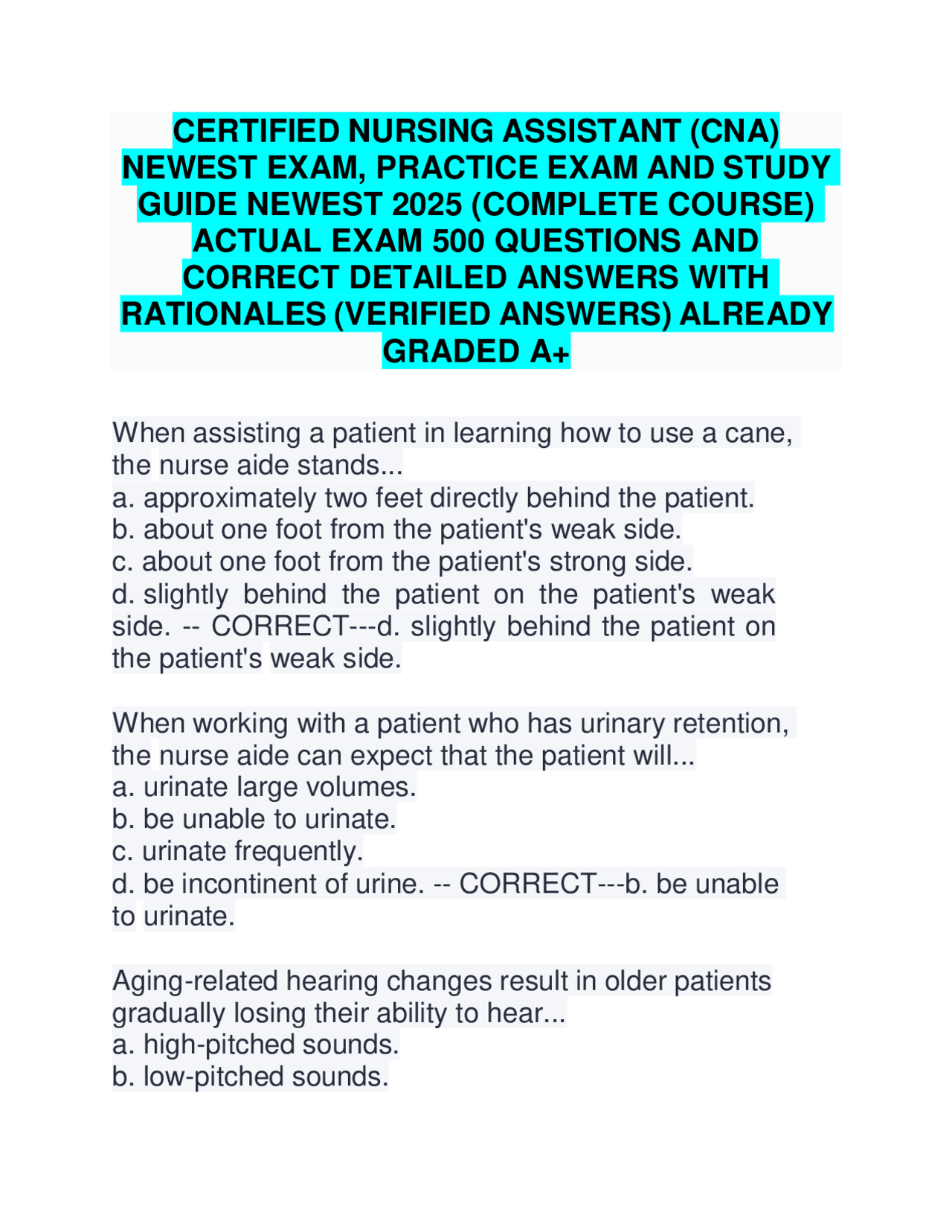 CERTIFIED NURSING ASSISTANT (CNA) NEWEST EXAM, PRACTICE EXAM AND STUDY ...