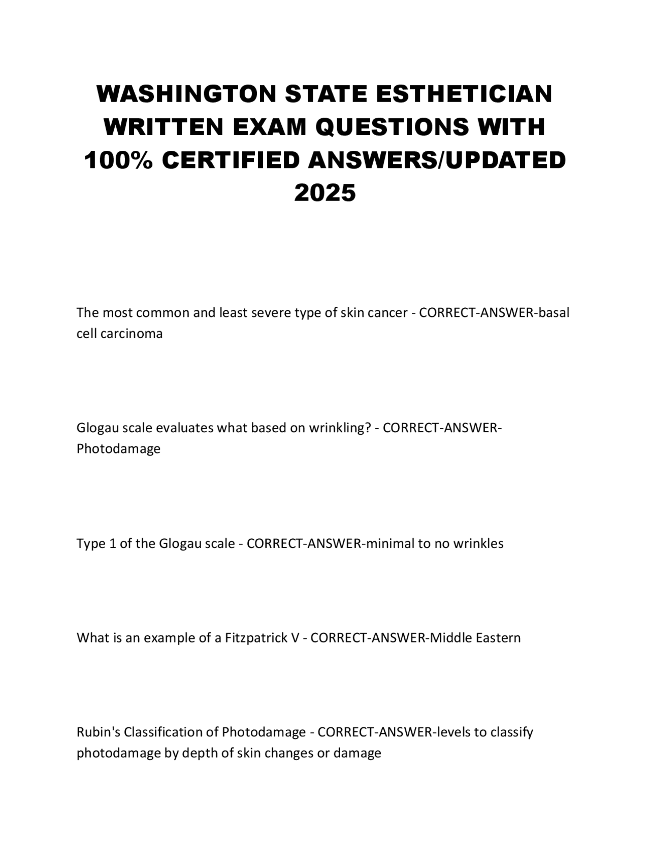WASHINGTON STATE ESTHETICIAN WRITTEN EXAM QUESTIONS WITH 100% CERTIFIED ...