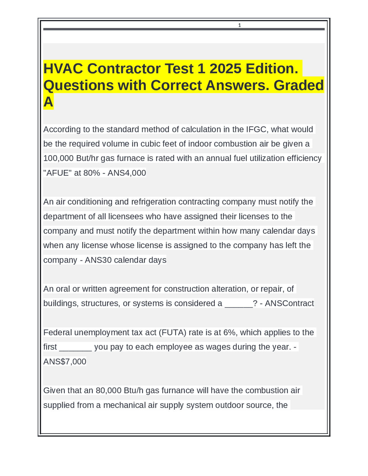 HVAC Contractor Test 1: Questions and Answers (2025 Edition) | Exams ...