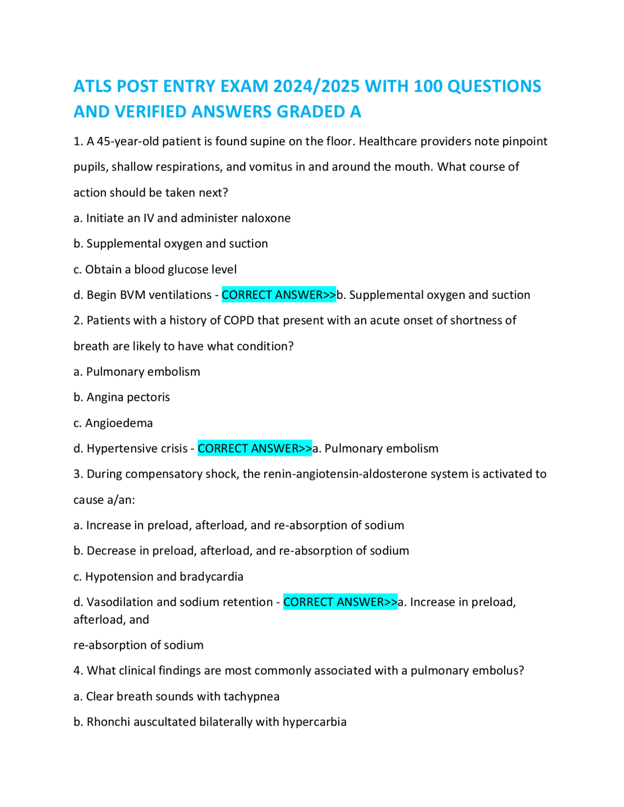 ATLS POST ENTRY EXAM 2024/2025 WITH 100 QUESTIONS AND VERIFIED ANSWERS ...