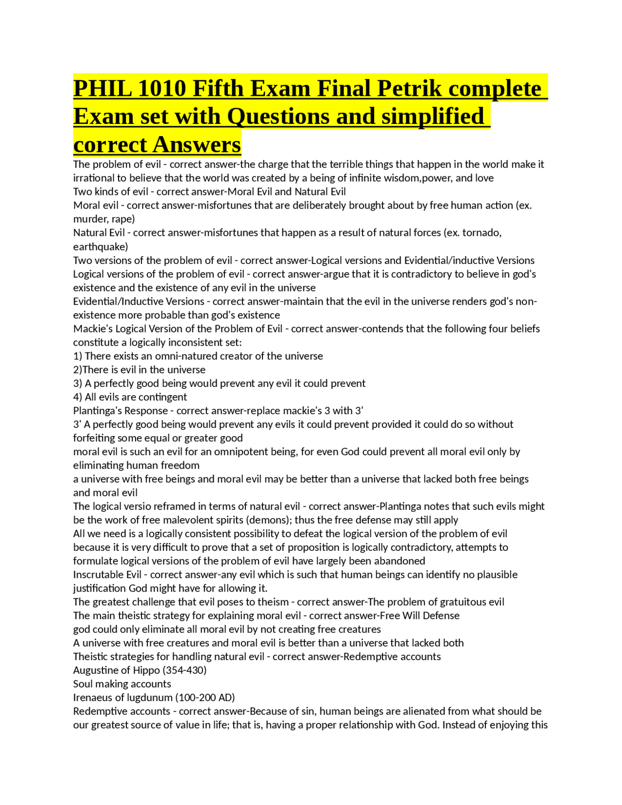 PHIL 1010 Fifth Exam Final Petrik: The Problem of Evil | Exams ...