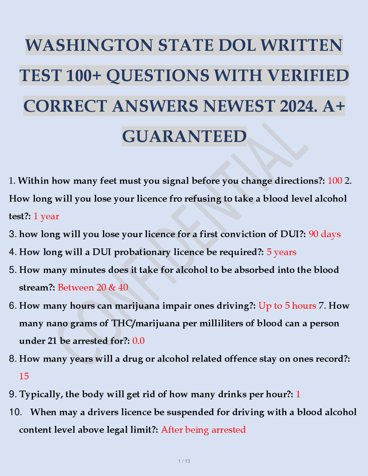 WASHINGTON STATE DOL WRITTEN TEST 100+ QUESTIONS WITH VERIFIED CORRECT ...