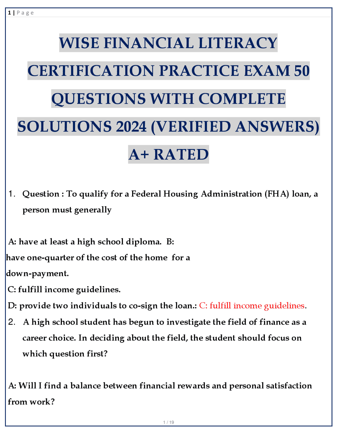 WISE FINANCIAL LITERACY CERTIFICATION PRACTICE EXAM 50 QUESTIONS WITH ...