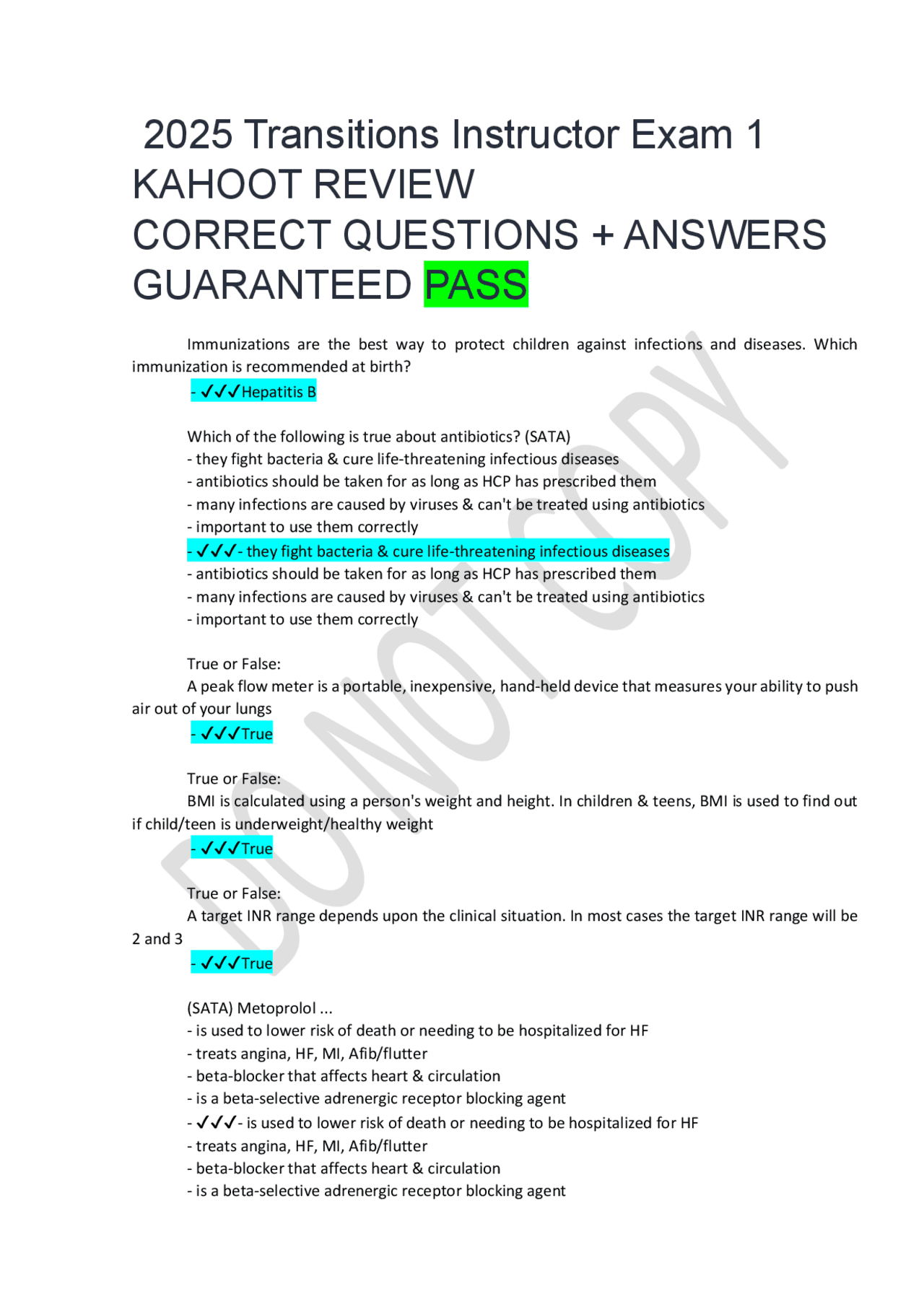 2025 Transitions Instructor Exam 1: Kahoot Review with Correct ...