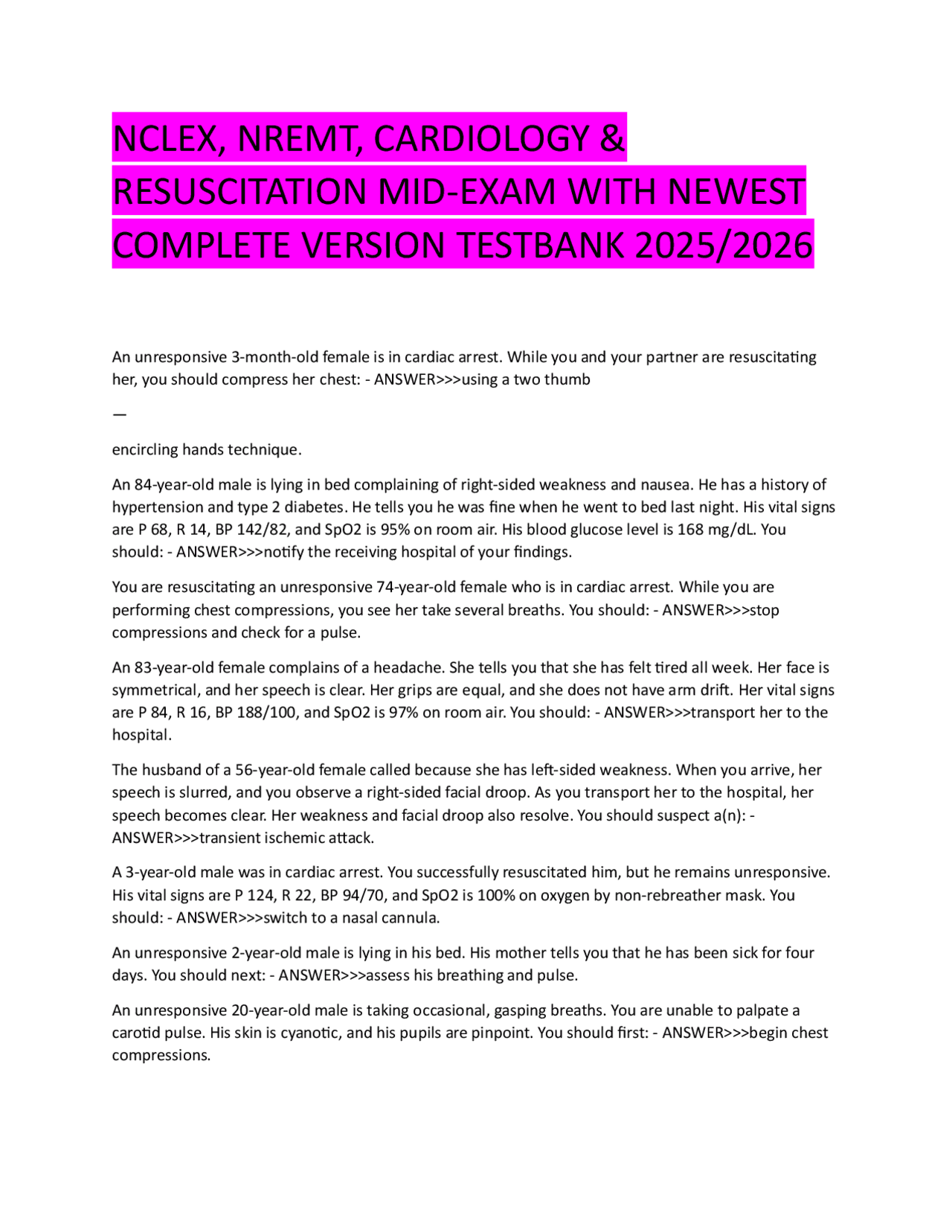 NCLEX, NREMT, CARDIOLOGY & RESUSCITATION MID-EXAM WITH NEWEST COMPLETE ...