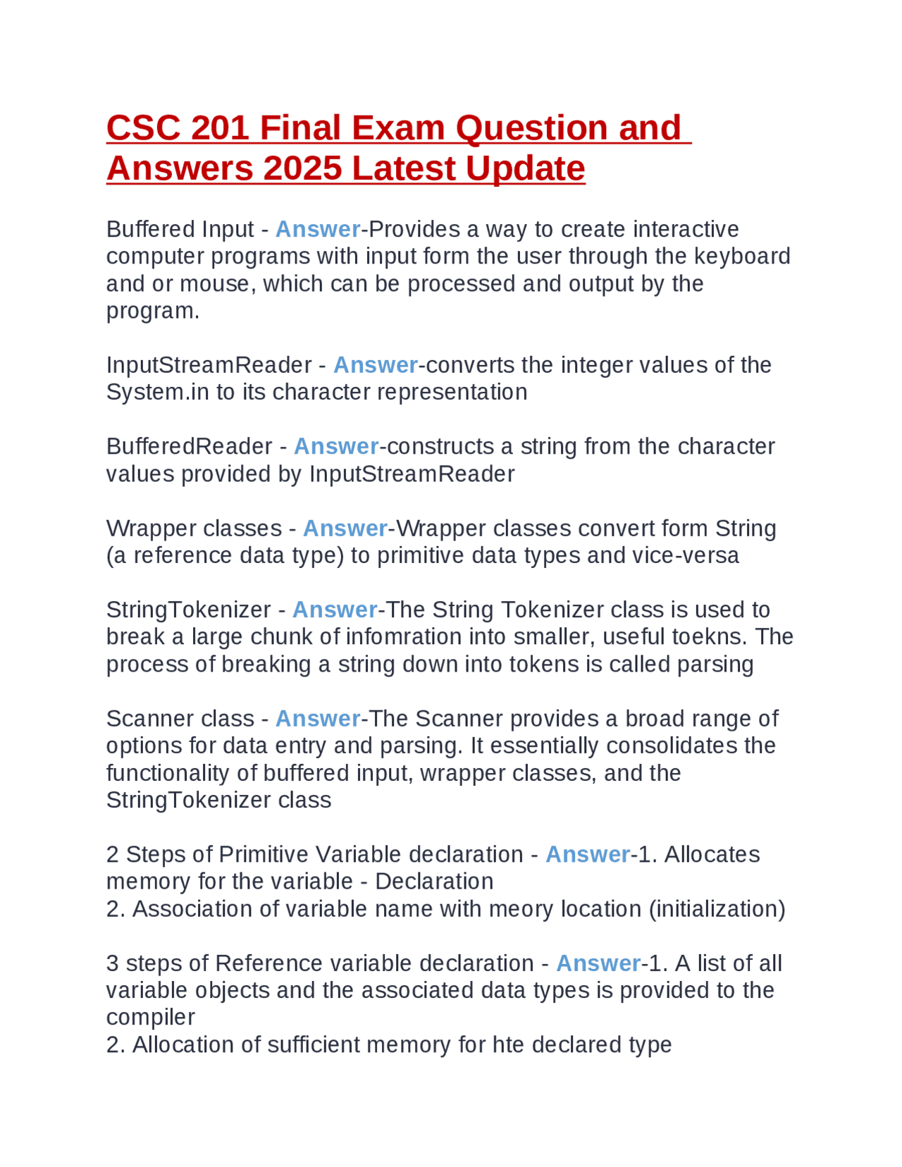 CSC 201 Final Exam: Java Programming Concepts | Exams Computer Science | Docsity