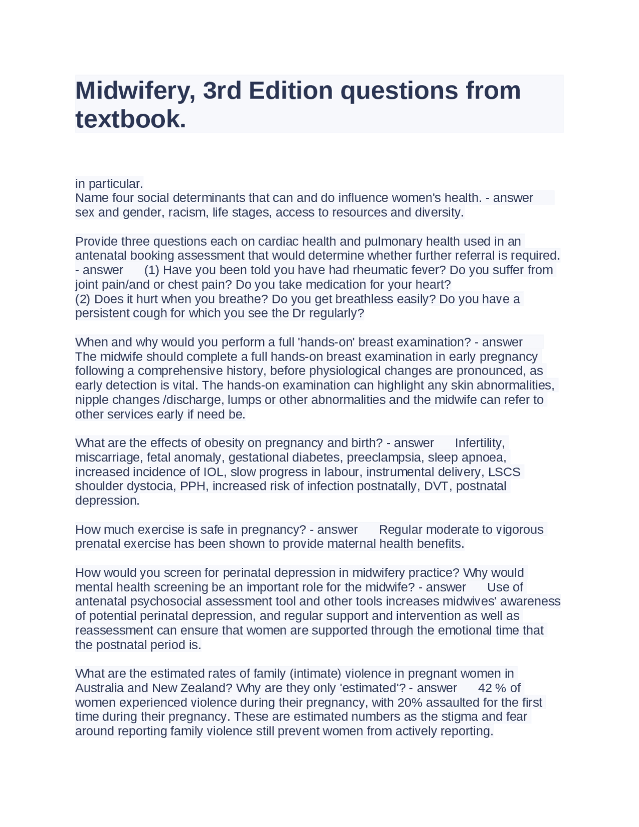 Midwifery, 3rd Edition questions from textbook Questions with Solutions ...