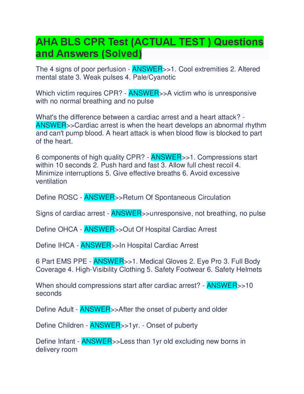 AHA BLS CPR Test Questions and Answers (Solved) | Exams Nursing | Docsity