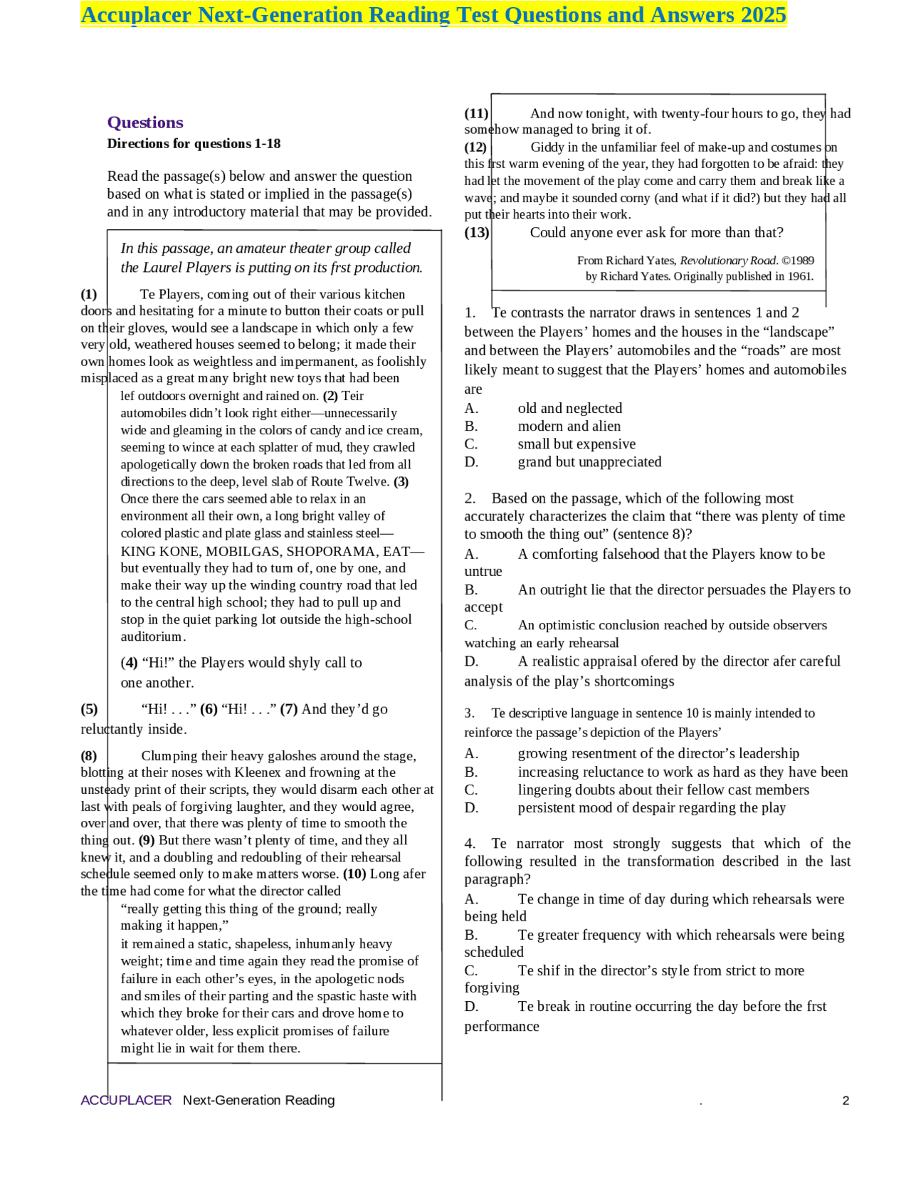 Accuplacer Next Generation Reading Test Practice Questions And Answers Exams Nursing Docsity