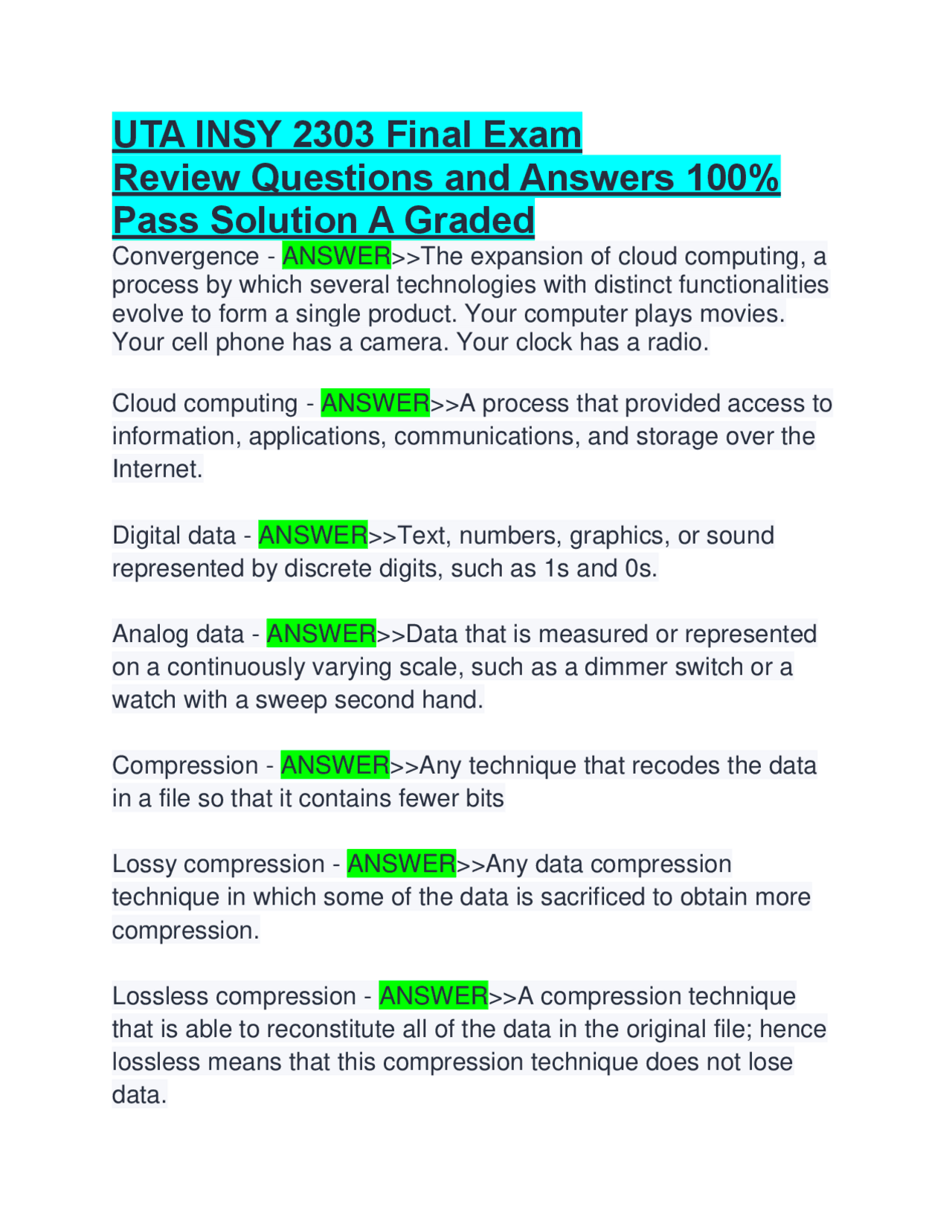 UTA INSY 2303 Final Exam Review Questions and Answers 100% Pass Solution A Graded | Exams ...