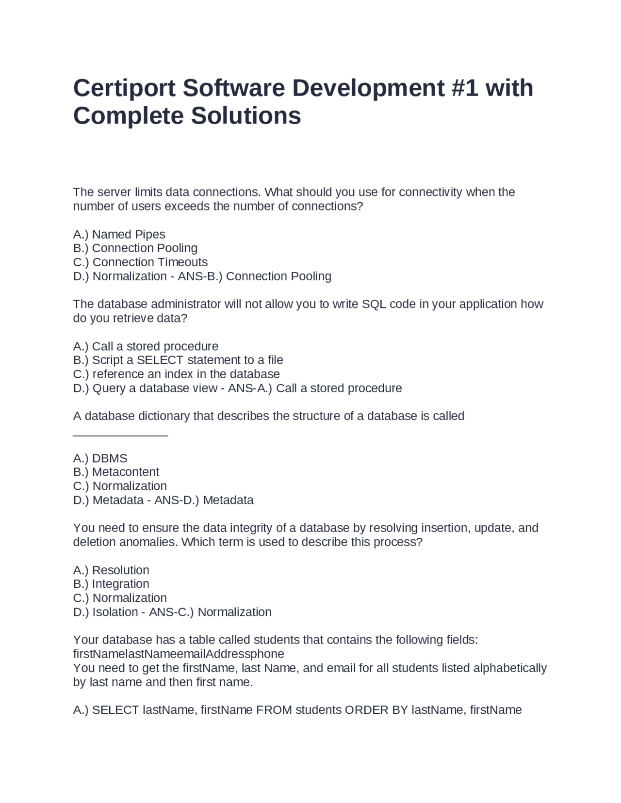 Certiport Software Development #1 with Complete Solutions | Exams ...