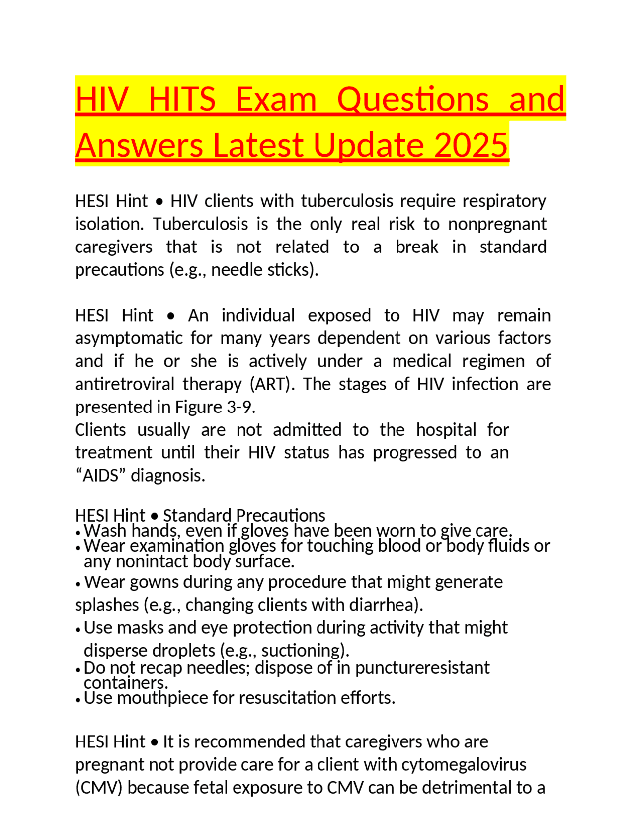 HIV HITS Exam Questions and Answers Latest Update 2025 | Exams Health ...