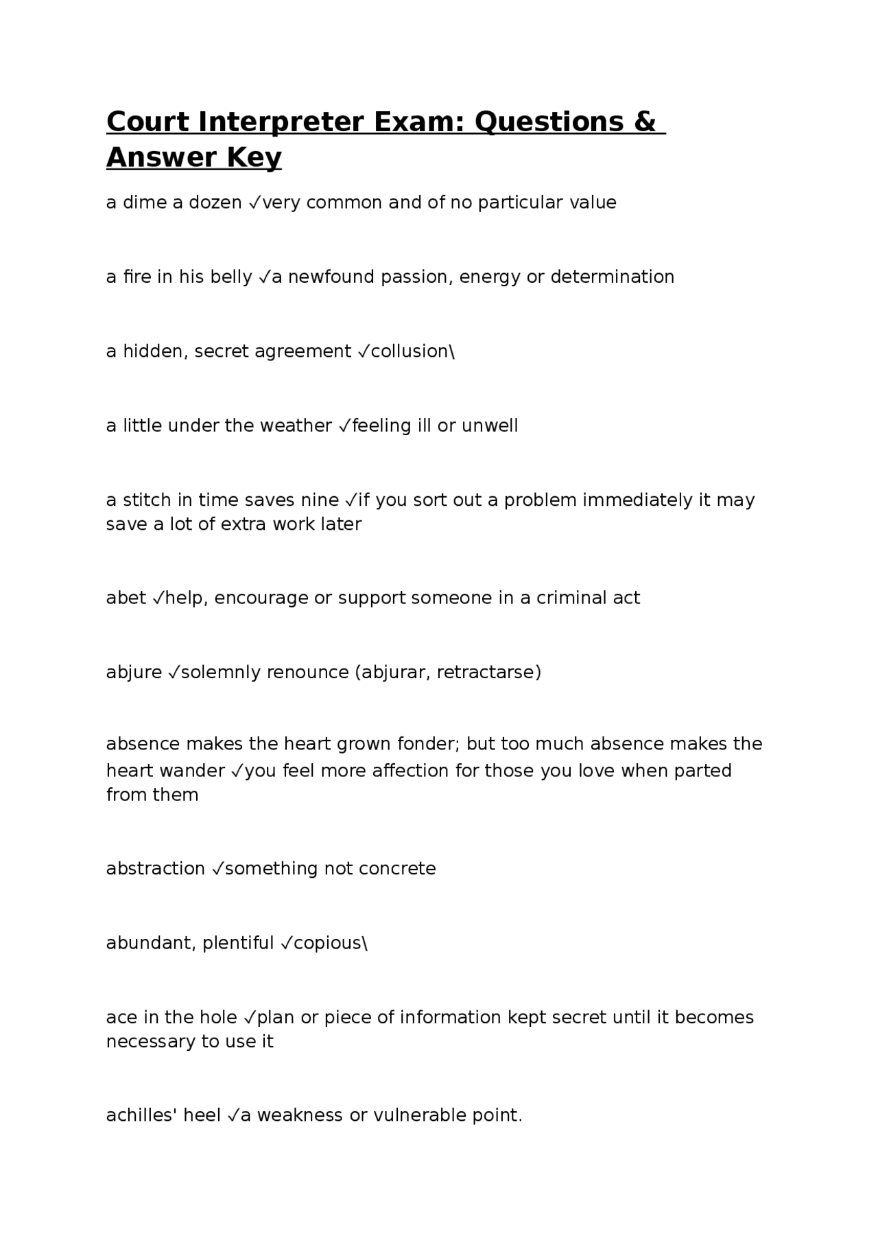 Court Interpreter Exam: Questions & Answer Key - English Idioms and Phrases | Exams Public ...
