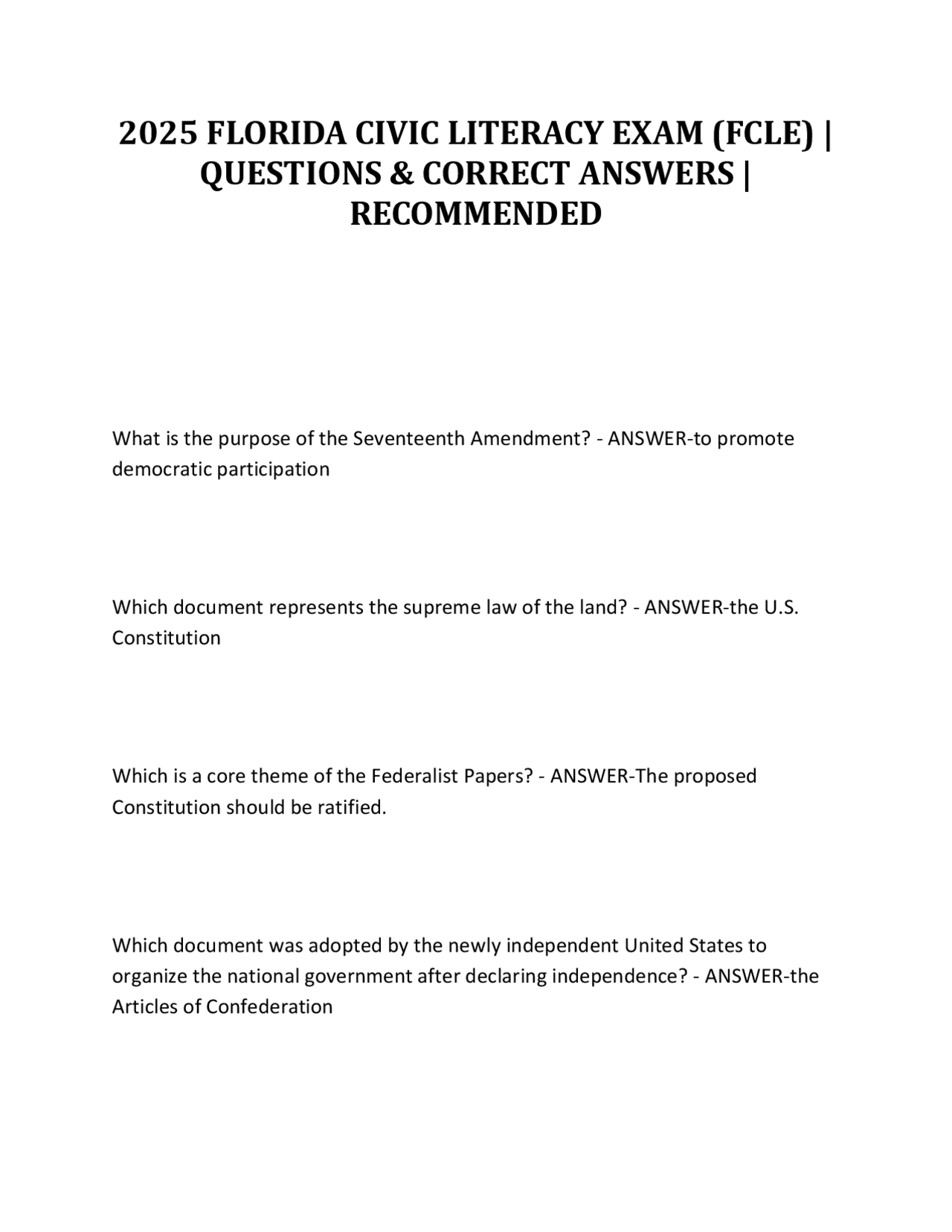 2025 Florida Civic Literacy Exam (FCLE) Questions & Correct Answers ...