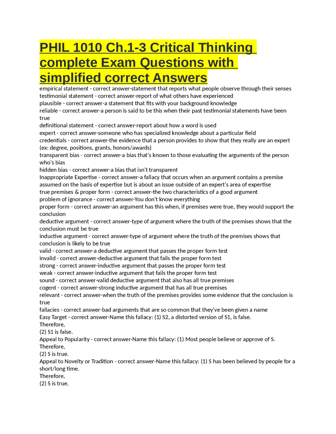 PHIL 1010 Ch.1-3 Critical Thinking: Exam Questions and Answers | Exams ...