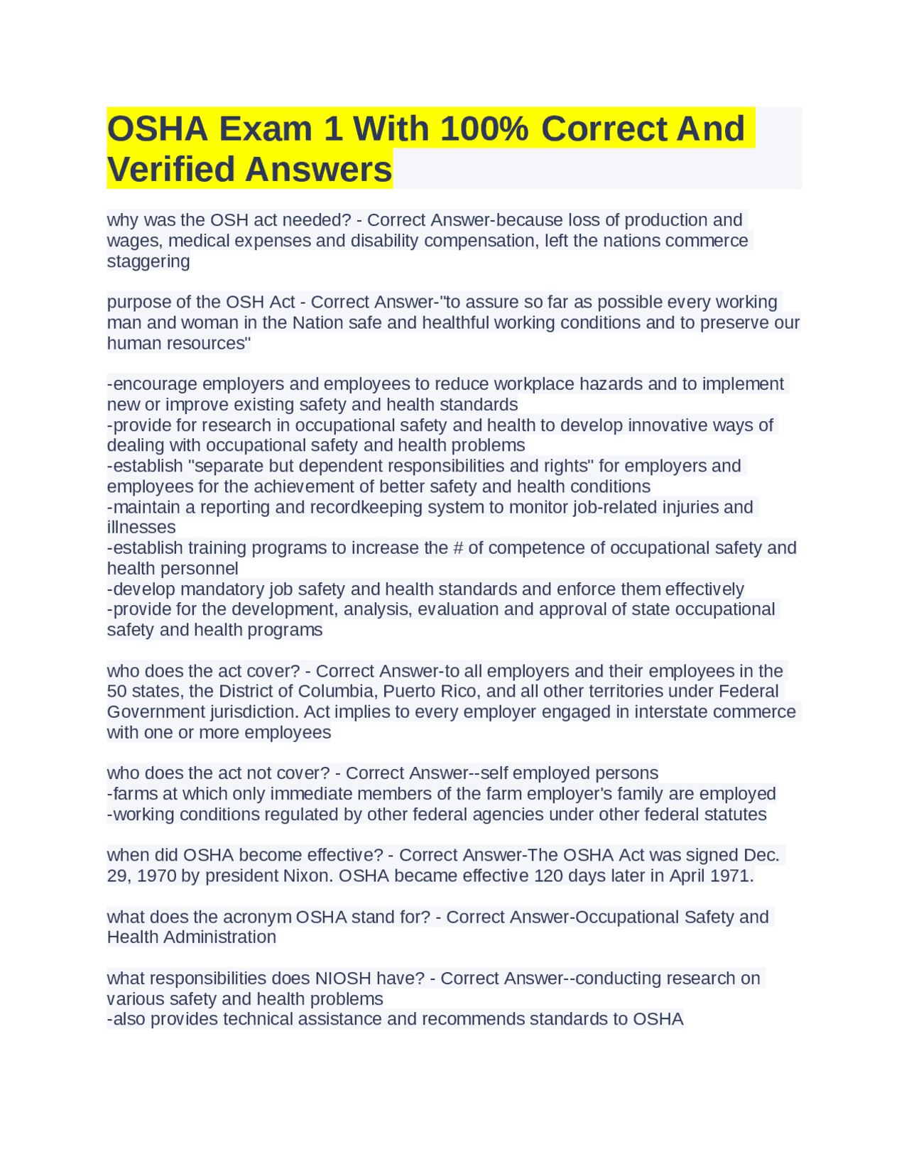 OSHA Exam 1 With 100% Correct And Verified Answers | Exams Advanced ...