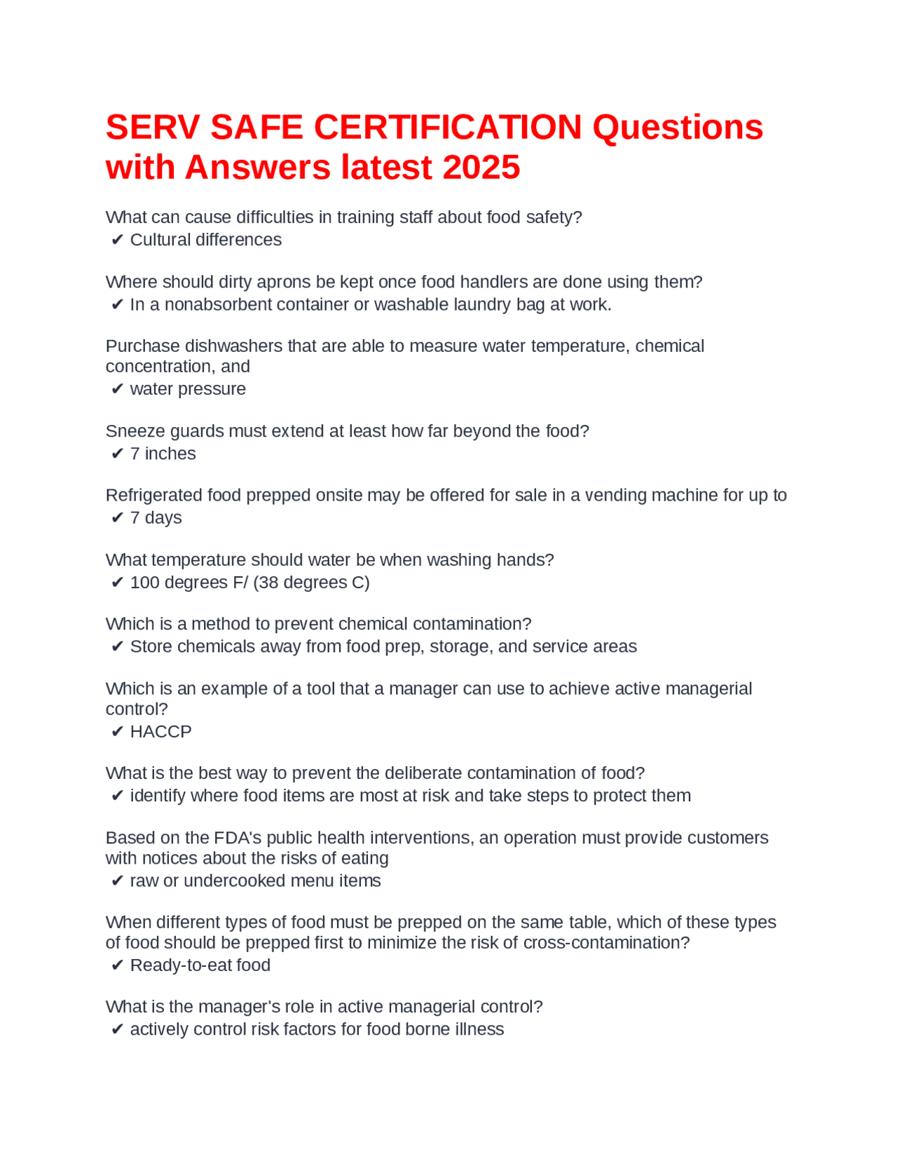 SERV SAFE CERTIFICATION Questions and Answers: Latest 2025 Edition ...