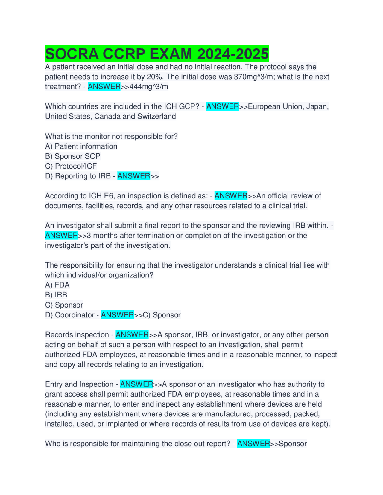 SOCRA CCRP EXAM 2024-2025 | Exams Nursing | Docsity