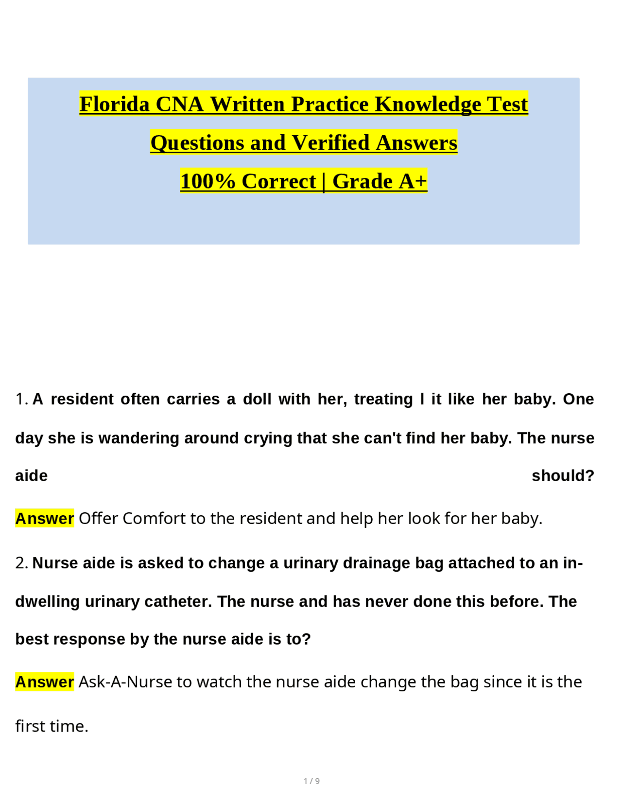 Florida CNA Written Practice Knowledge Test (Latest 2025 / 2026 Update ...